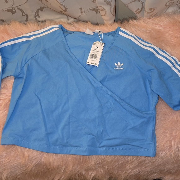 adidas | Tops | Adidas Light Blue Crossover Top With White Stripes ...